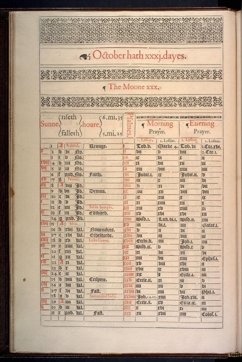 October 1611 Ecclesiastical Calendar Readings at Prayers