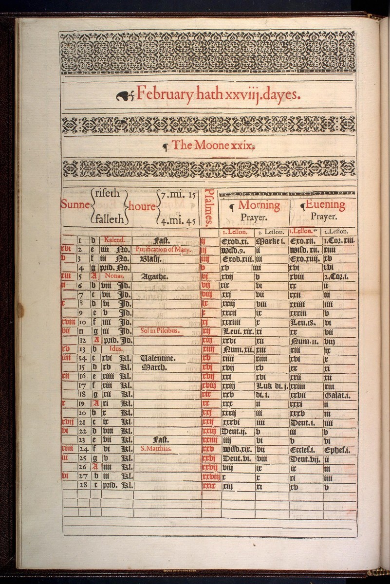 February 1611 Ecclesiastical Calendar Readings at Prayers
